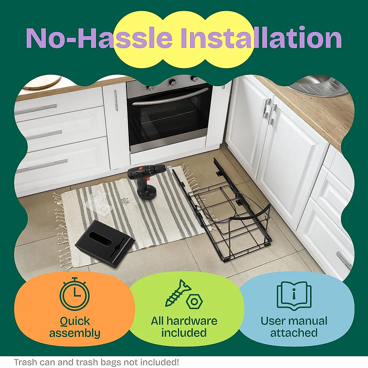 Spaces Tools Pull Out Trash Can Under Cabinet Shelf - Under Sink Trash Can Pull Out Slider for 30–40 Quart Cans Up to 125 lb - Cabinet Trash Can Pull Out Kit w/Garbage Bag Holder - (Can Not Included)