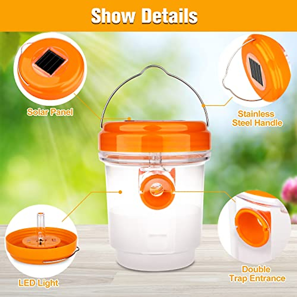 Mayardfun Wasp Traps, Solar Bee Trap Catcher, Wasp Catcher Yellow Jacket Trap with UV LED Light, Nontoxic Reusable Wasp Trap Orange Orange