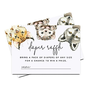 Bliss Collections Diaper Raffle Tickets for Baby Showers, Pack of 50 Single-Sided Cards, Woodland Animals for Gender Reveal Parties, Heavyweight, Easy to Write On 2 x 3.5” Card Stock, Made in the USA
