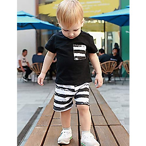Hipealy Baby Boys Clothes Black Tops 0 6 12 18 24 Months 2 3 T Stripe Pocket Short Sleeve Top +Striped Pants Outfit Summer Clothing Set 18-24 months