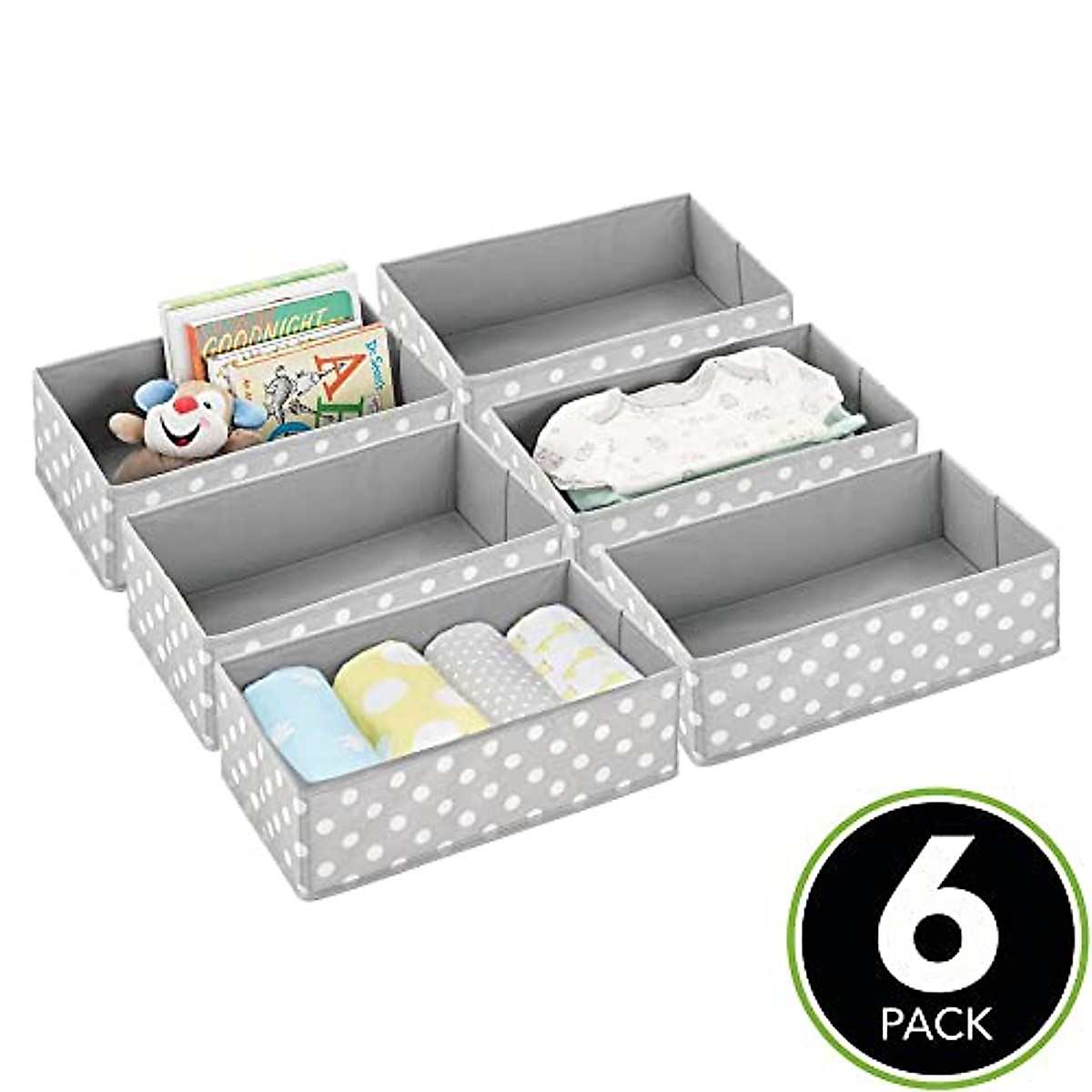mDesign Fabric Drawer Organizer Bins, Kids/Baby Nursery Dresser, Closet, Shelf, Playroom Organization, Hold Clothes, Toys, Diapers, Bibs, Blankets, 6 Pack - Gray/White Polka Dot