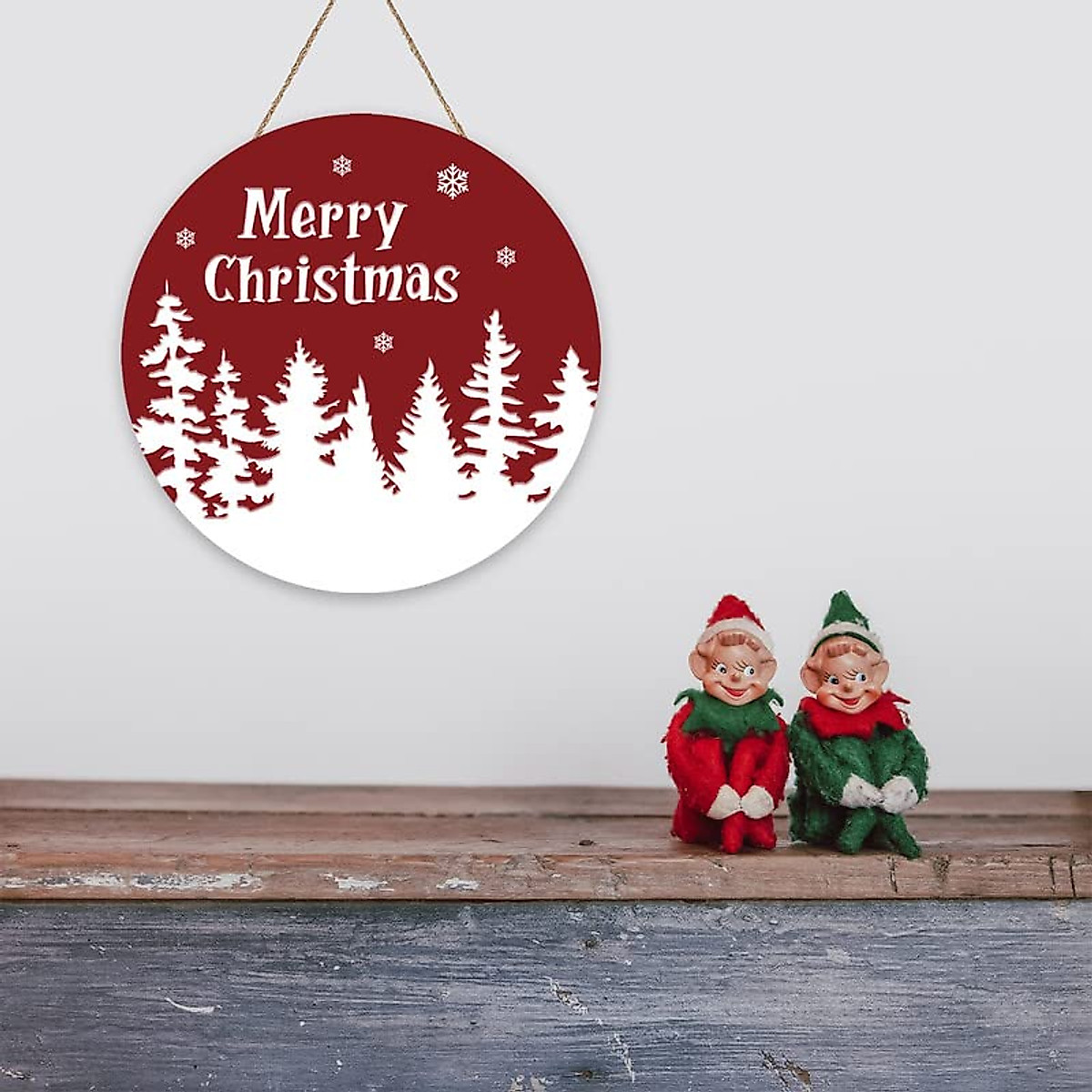 Merry Christmas Wooden Hanging Sign Plaque Christmas Forest Xmas Tree Decor for Holiday Farmhouse Front Door Porch Wall Window Outside Decorations 12x12 Inch