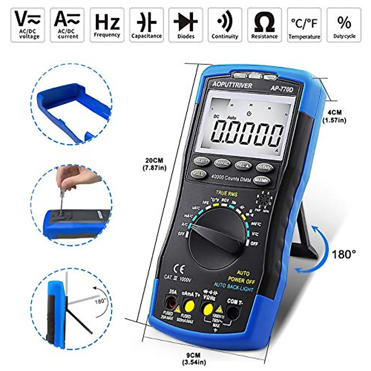 Digital Multimeter AP-770D TRMS 40000Counts Multimeter Tester Autoranging Voltmeter Ammeter with High Precision for NCV AC/DC Voltage Current Resistance Capacitance Frequency Diodes hFE Temperature