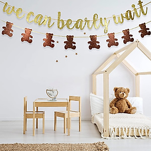 We Can Bearly Wait Glitter Banner, Baby Shower Decorations, Gender Reveal Party Supplies for Teddy Bear Theme Garland (Gold and Brown)
