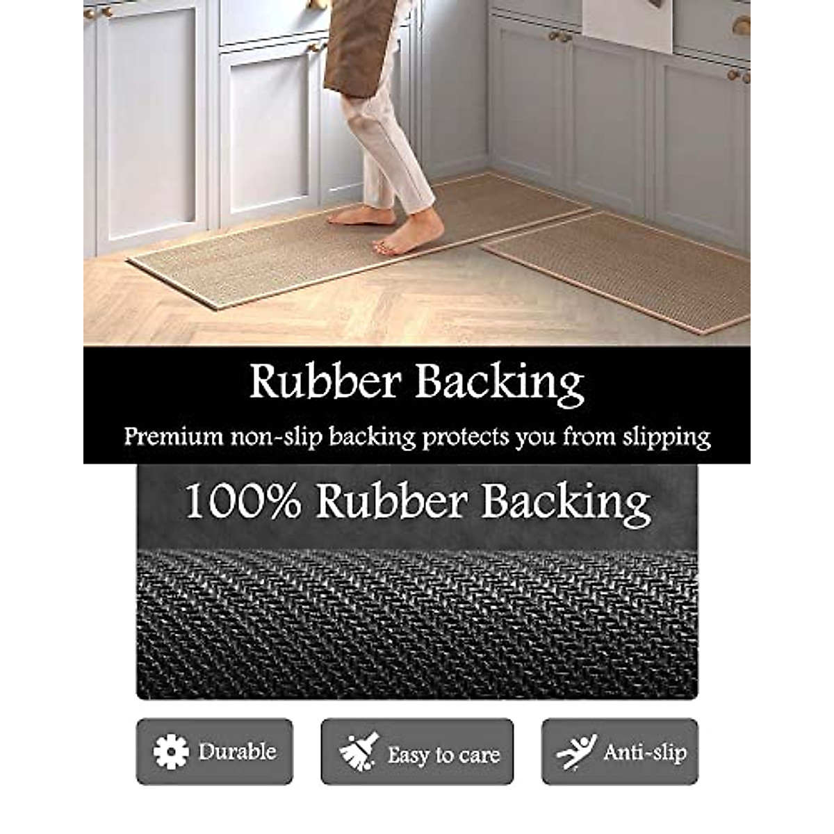 MontVoo Kitchen Rugs and Mats Washable [2 PCS] Non-Skid Natural Rubber Kitchen Mats for Floor Runner Rugs Set for Kitchen Floor Front of Sink, Hallway, Laundry Room 17"x30"+17"x47" (Oats)