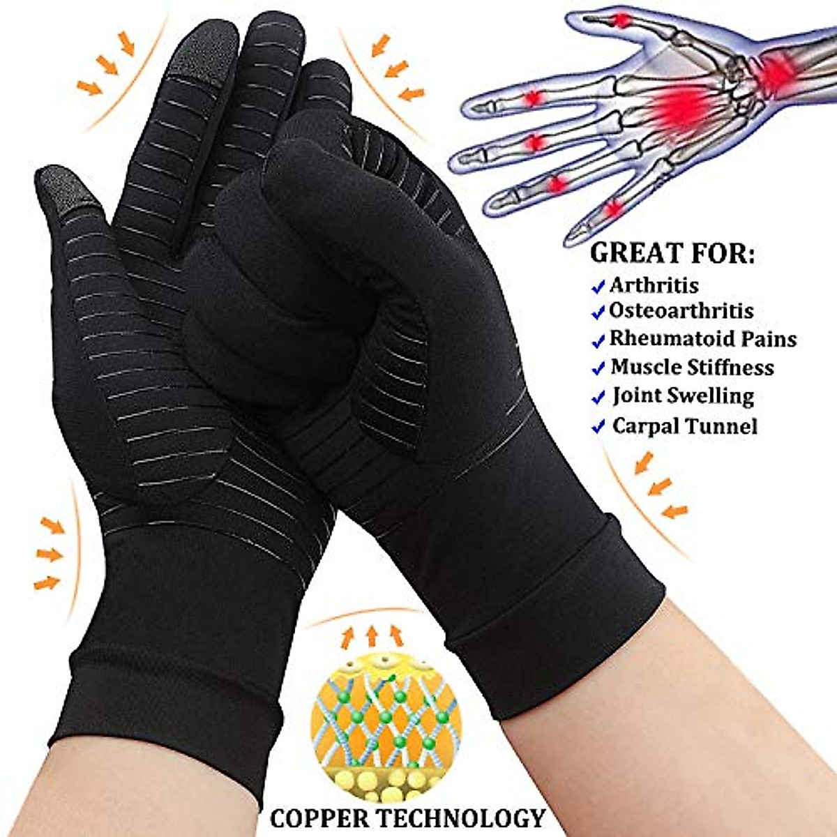 2-Pairs Pack Copper Full Finger Compression Gloves, Copper Arthritis Gloves for Women & Men Relieve Pain from Arthritis Pain, Swelling and Rheumatoid, and Everyday Hands Support (Medium (Pack of 2))