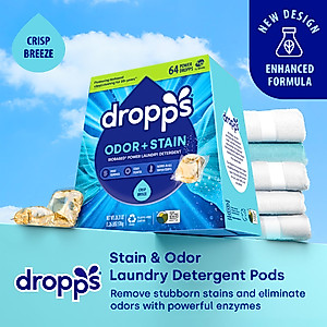 Dropps Odor & Stain Biobased Power Laundry Detergent Pods, Crisp Breeze (64 Pods) - HE Compatible Laundry Pods for Fresh Clothes - Laundry Soap Supplies & Recyclable Paperboard Packaging
