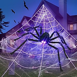 4.1FT Giant LED Halloween Spider with 24.6FT Spider Web, Light-Up Purple Eyes & Joints, Outdoor Yard Decoration with Ground Stakes & Gutter Hook, Durable & Realistic Wall Decor for Halloween Party