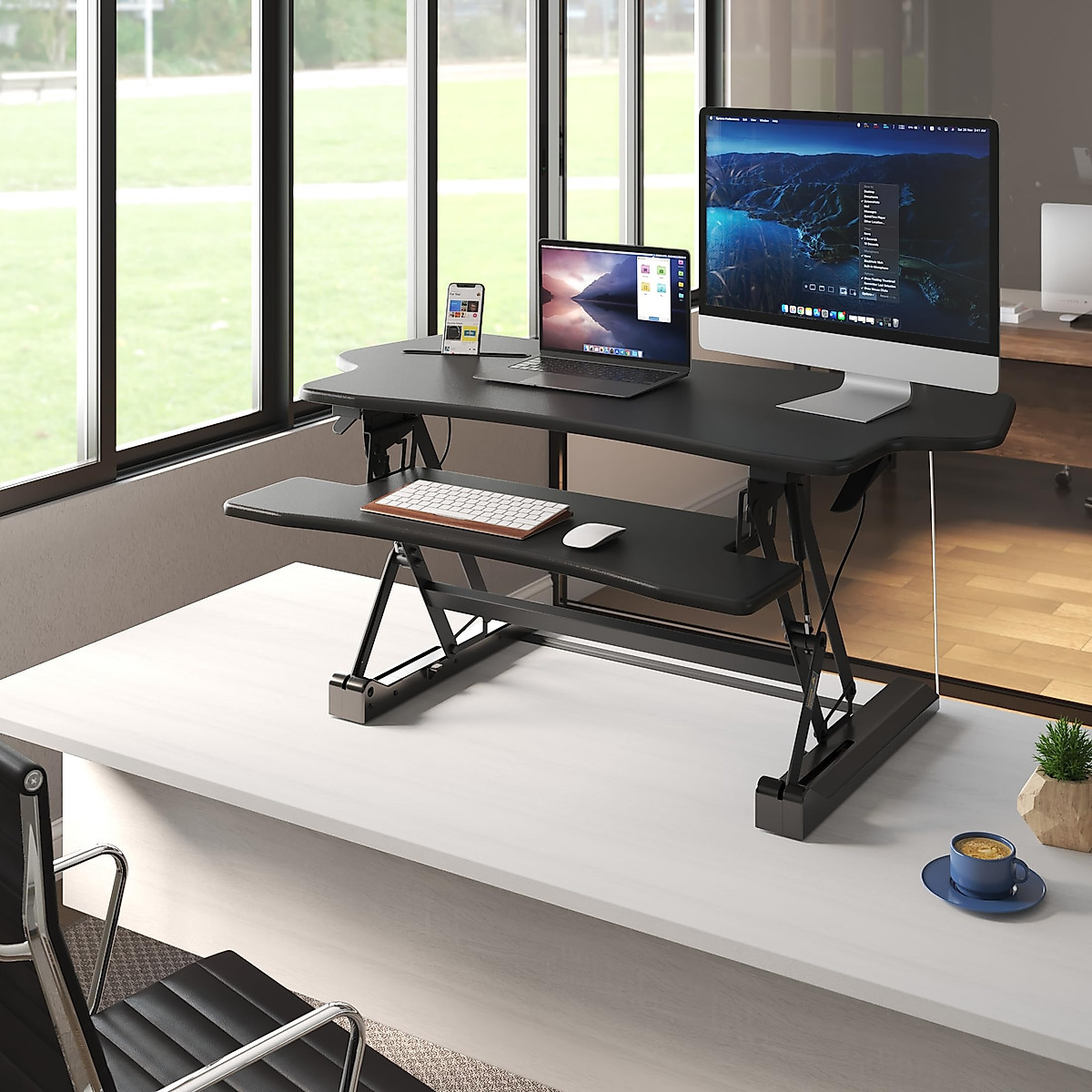 Mount-It! Height Adjustable Standing Desk Converter | 48” Wide Tabletop Sit Stand Desk Riser with Gas Spring | Stand Up Computer Workstation Fits Dual Monitors | Black | MI-7925