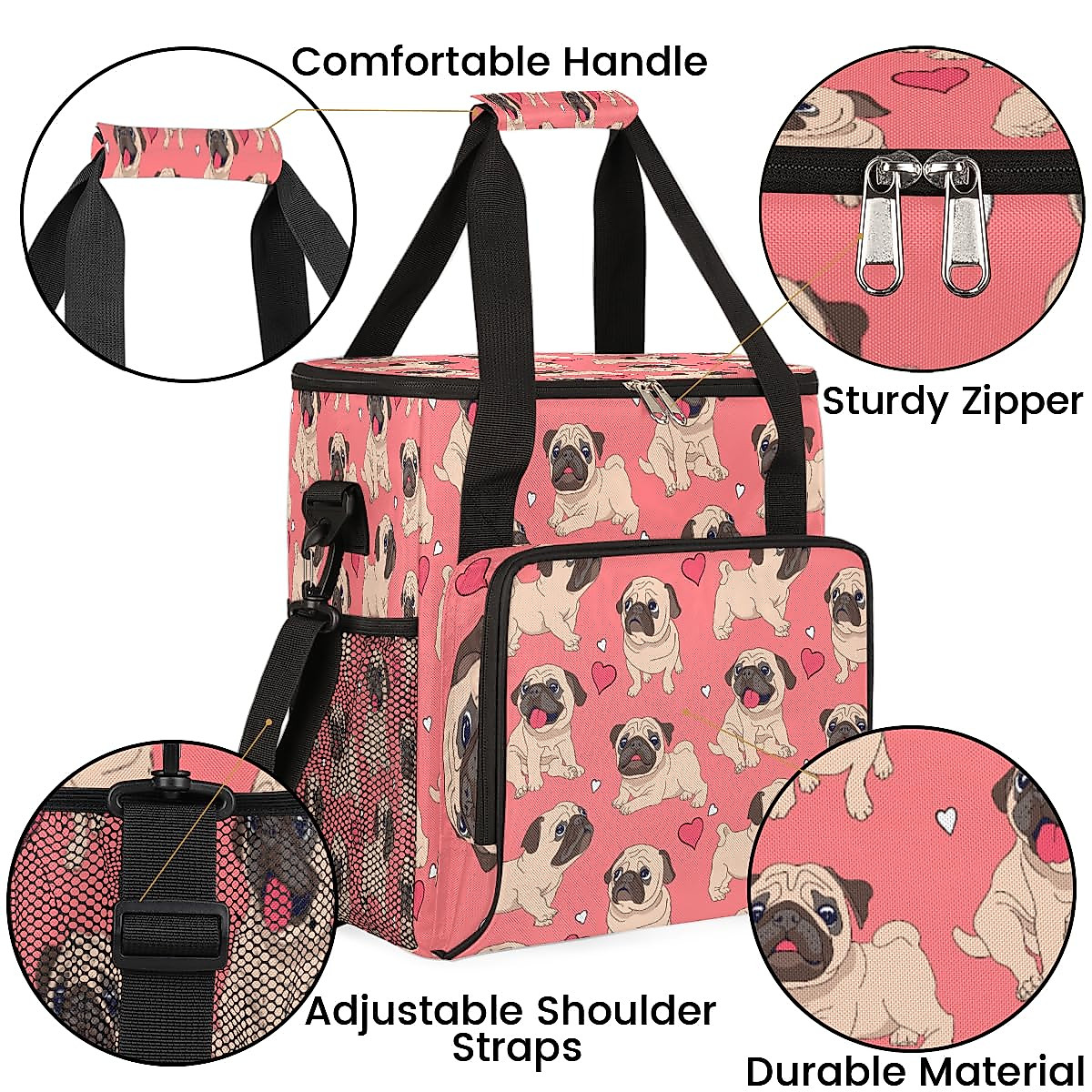 Pink Dog Pugs Puppies Coffee Maker Carring Bag Travel Storage Tote Bag Compatible with Keurig K-Mini or K-Mini Plus Portable Single Serve Coffee Brewer Case with Pockets for K-cup Pods