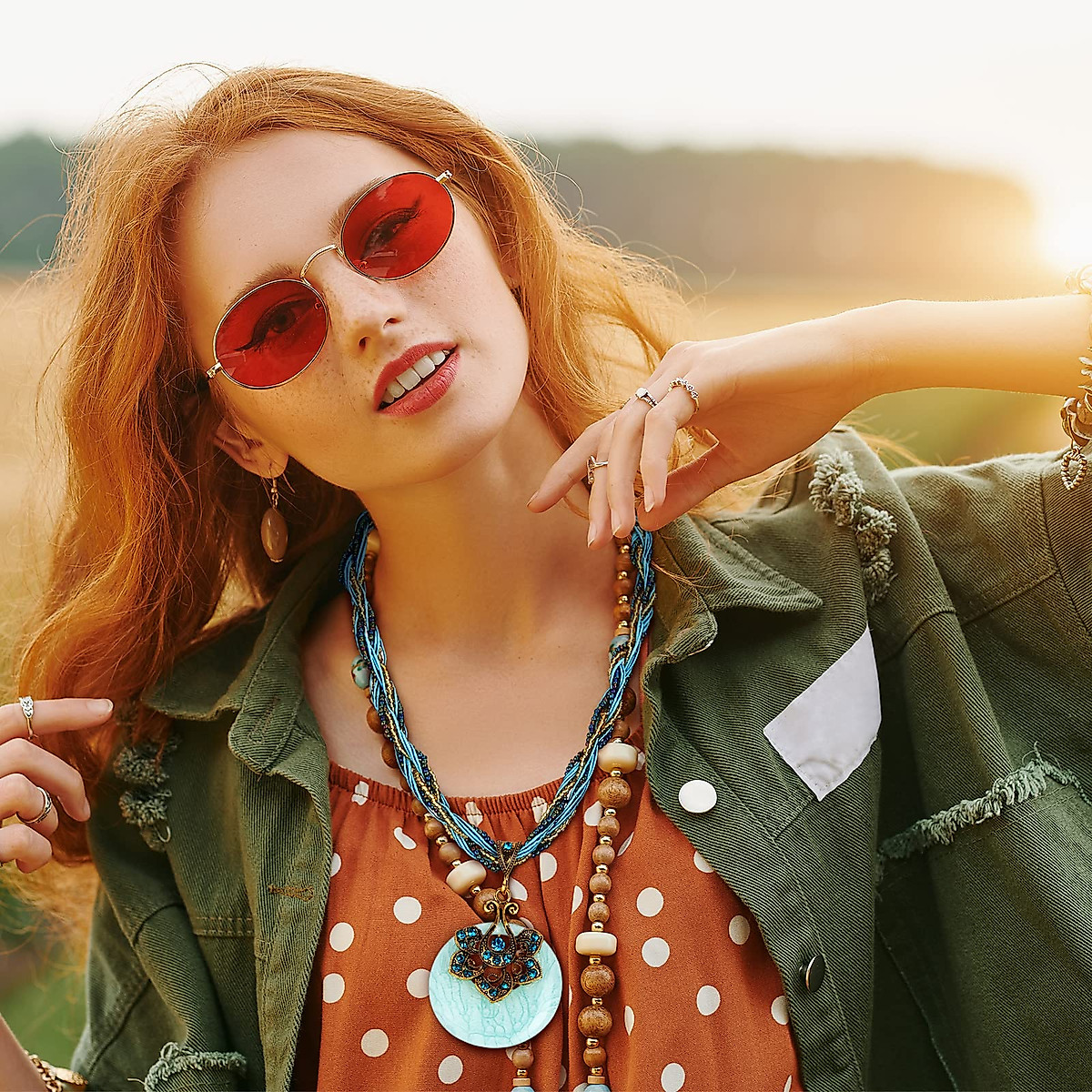 Inbagi 6 Pieces Women Bohemian Necklaces Turquoise Statement Valentine's Day Necklaces Gifts Boho Twist Woven Rope Chunky Chain Turquoise Rhinestone Pendant Jewelry Vintage Collar Necklace for Ladies