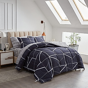 Navy Blue Bed in a Bag 7 Pieces Queen Size All Season Navy White line - Soft Microfiber Reversible Bed Comforter Set (1 Comforter, 2 Pillow Shams, 1 Flat Sheet, 1 Fitted Sheet, 2 Pillowcases)