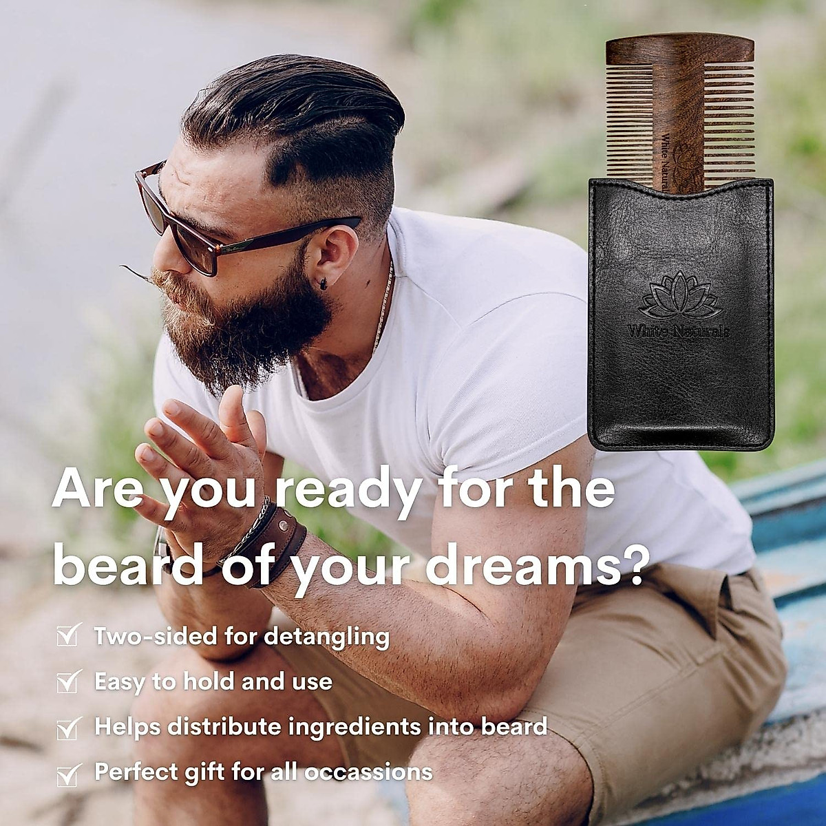 Beard Comb for Men, Wooden Natural Sandalwood, Fine Dual Action Teeth Beard Comb, Handmade Premium Sandal Wood, Fine & Coarse Tooth Perfect for Balms and Oils, Includes PU Leather Case, Pocket Size
