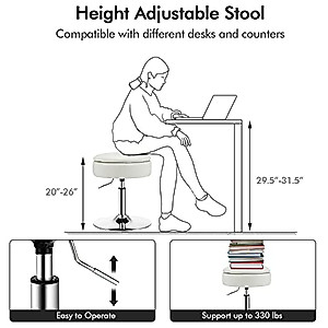 COSTWAY Counter Height Bar Stool, Tufted PU Leather 20"-26" H Adjustable Swivel Vanity Chair with Removable Tray Top and Storage Space, Modern Round Ottoman for Makeup Kitchen Island Shop, White