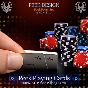 Gold Label Casino Poker PEEK Playing Cards - 100% Plastic Waterproof, Flexible PVC Standard Cards, Black/Gold Double-Deck Set, with Gold Dealer, Small and Big Blind Button, and Red Plastic Cut Cards