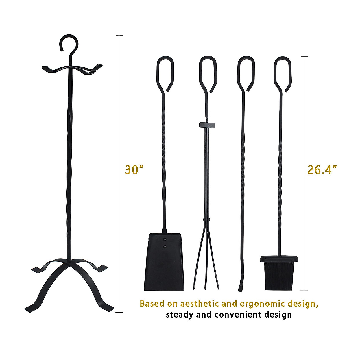 yinat Fireplace Tools Set, 5 Pieces of Fire Pit Tools,Firewood Holder Tools Kit Sets with Handles,Outdoor Accessories Kit,Black,Wrought Iron