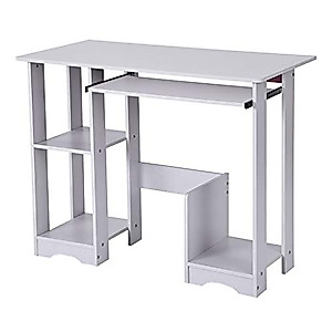Desktop Home Computer Desk, Modern Minimalist Office Desks Creative Writing Study PC Laptop Table Multipurpose Workstation with Keyboard Tray, Drawer & Shelves for Small Spaces (US Direct, White)