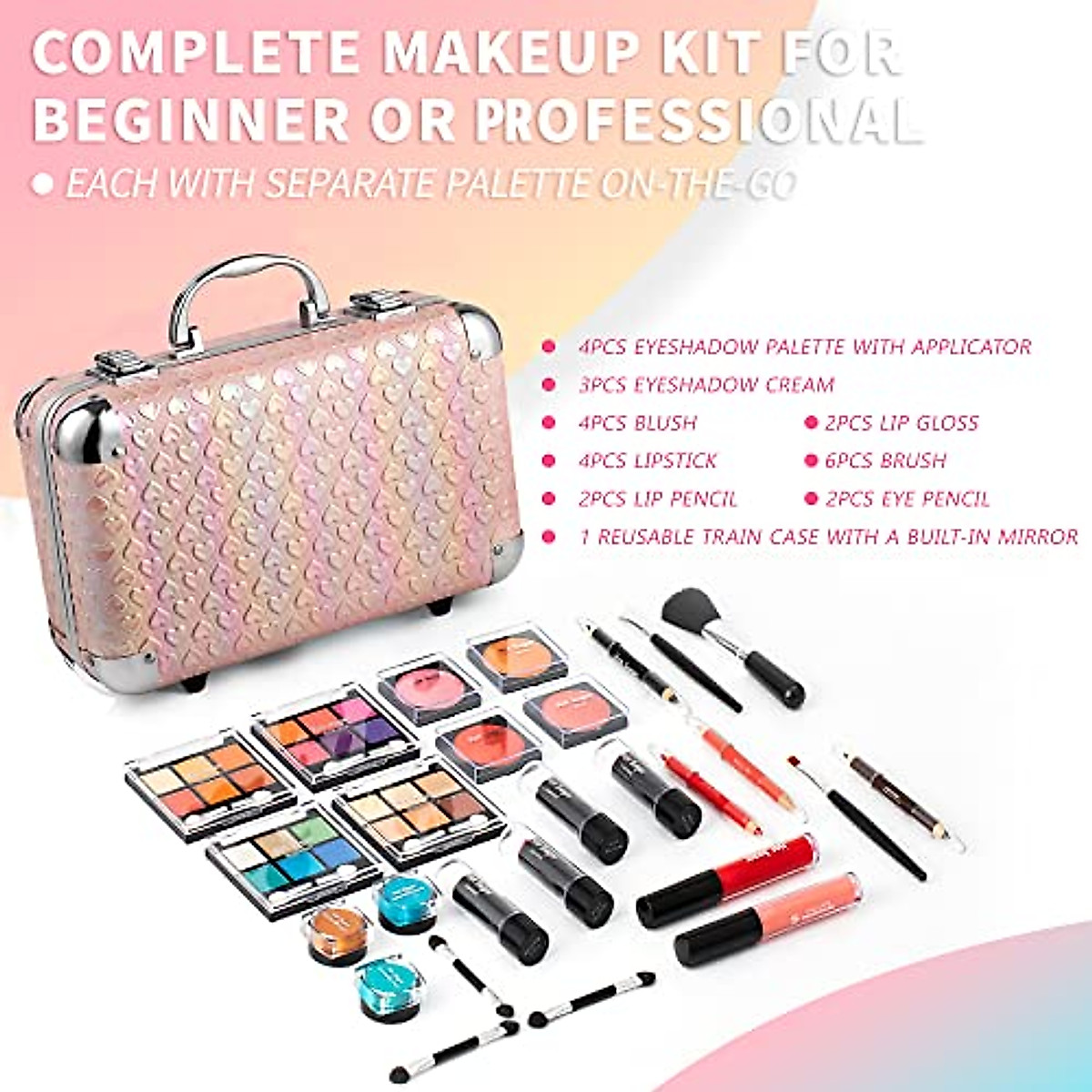 Hot Sugar All In One Makeup Set for Teenager Girls 10-12 Full Makeup Kit for Beginners Includes Eye Shadow Palette Blush Lip Gloss Lipstick Lip Pencil Eye Pencil Brush Mirror (Pink Heart)