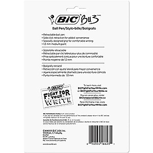 BIC BU3 Grip Retractable Ballpoint Pen, Medium Point (1.0mm), Black, Side Click Retraction For Added Convenience, 18-Count