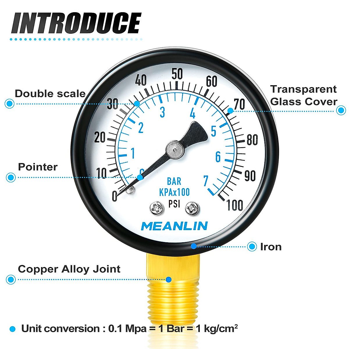 MEANLIN MEASURE 0-100Psi 2" DIAL FACE 1/4" NPT Well Pump Pressure Gauge, with 1/4" x 1/2" NPT and 1/4" x 3/8" NPT Hex Bushing, 3-2-3% Accuracy,Lower Mount