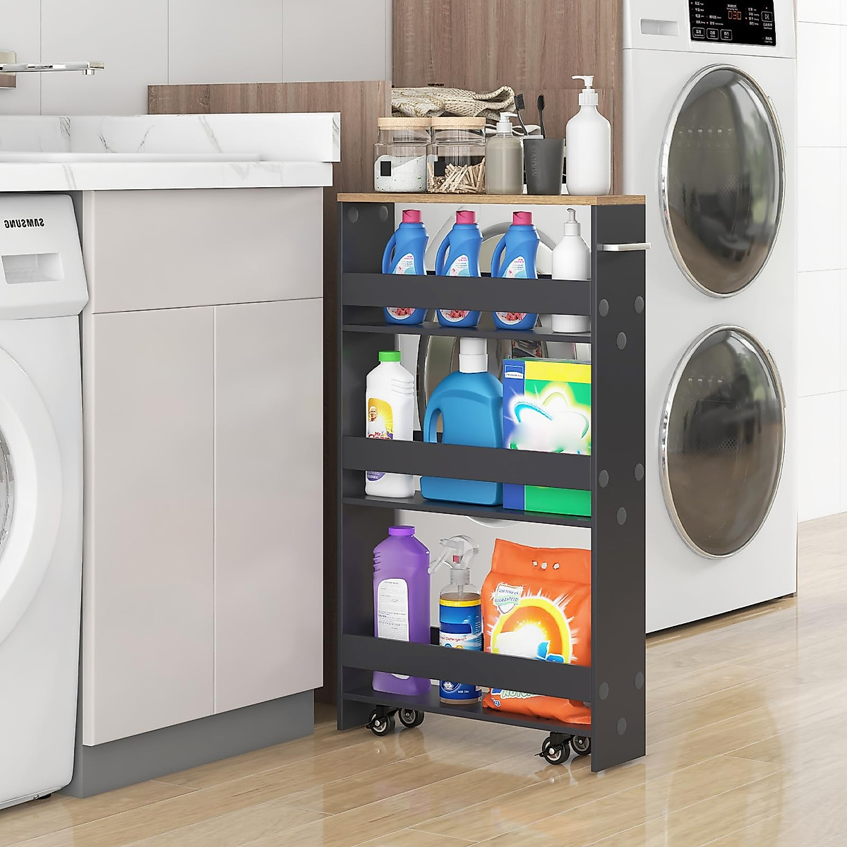 IFANNY Slim Storage Cart, 4-Tier Rolling Cart with Handle, Laundry Cart Between Washer and Dryer, Wood Spice Rack Next to Fridge, Narrow Shelving Unit for Kitchen, Bathroom, Small Spaces (Gray)