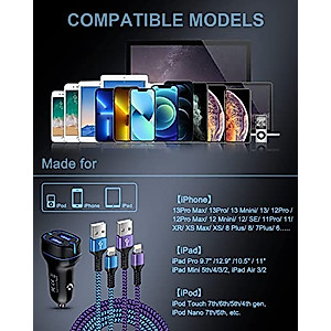 Phone Car Charger, Dual Port Cigarette Lighter Adapter + 2Pack-3FT Lightning Cables Fast Charging for iPhone 14 13 12 Pro Max Mini 11Pro 10 SE X XR XS Max 8, Lightening Wire 3FT + Car Phone Cargador