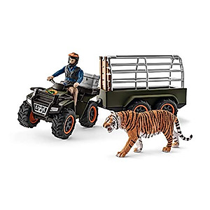 Schleich Wild Life Big Truck Animal Rescue Jungle Adventure 10pc Playset - Includes Off Road ATV, Rider, CAges Trailer, Tiger, and Accessories for Boys and Girls, Highly Durable Gift for Kids Ages 3+