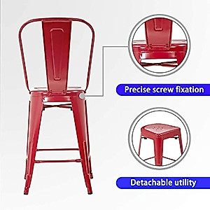 24 Inch Metal Bar Stools with Back Counter Height Bar Stools, Metal Chairs Set of 4 Indoor Outdoor Stackable Kitchen Stools Dining Chair Metal Restaurant Chair, Red