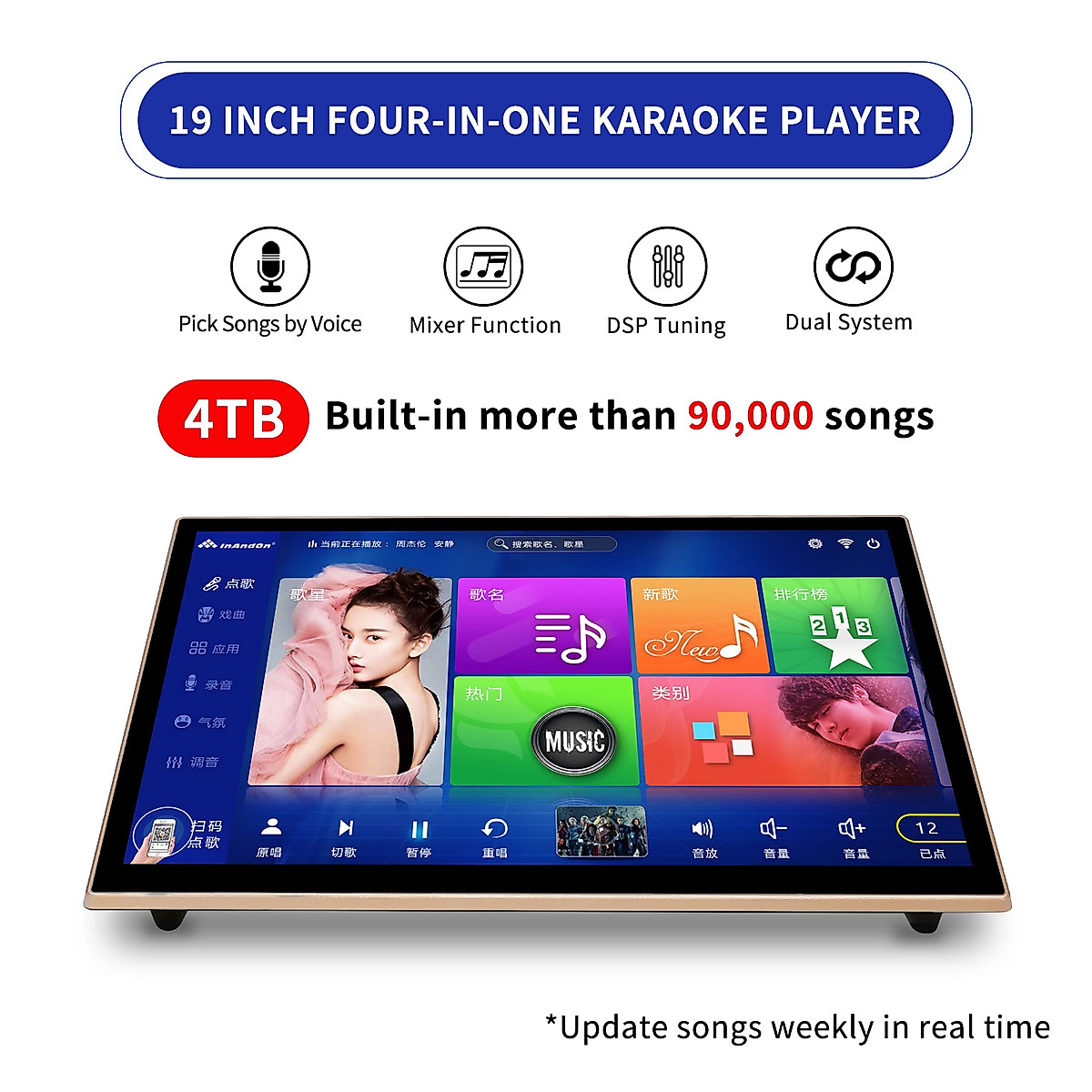 Chinese Karaoke Machine, 19 Inch Touch Screen Phone Remote & App Control Cloud Download Songs All in One Karaoke System with Wireless Mic, KTV Singing Karaoke Player for Family Bar Home Party