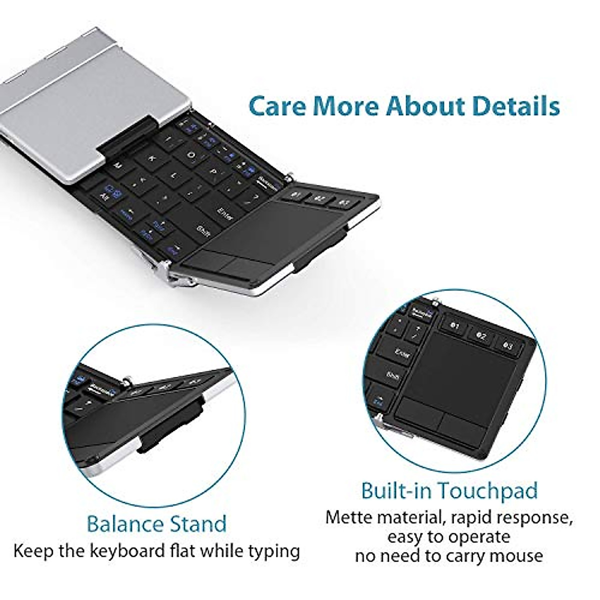 iClever Foldable Keyboard, BK08 Bluetooth Keyboard with Sensitive Touchpad (Sync Up to 3 Devices), Pocket-Sized Tri-Folded Portable Keyboard for iPad Mac iPhone Android Windows iOS, Silver