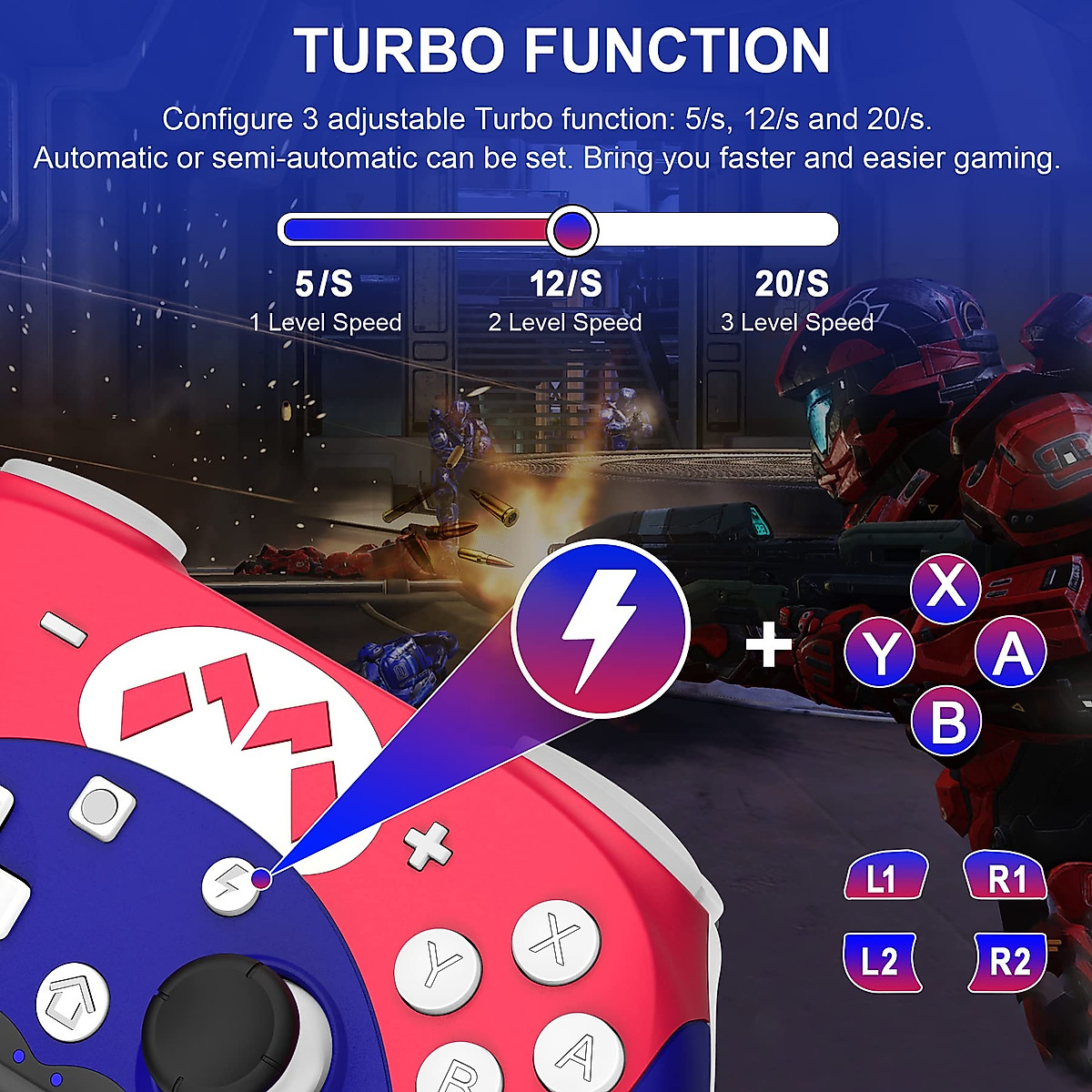 FLIEEP Switch Controller - Wireless Switch Pro Controller for Switch/Switch Lite/Switch OLED with 3 Levels Turbo Function, 4 Levels Adjustable Vibration, Six-Axis Motion Control, One-Key Wake up