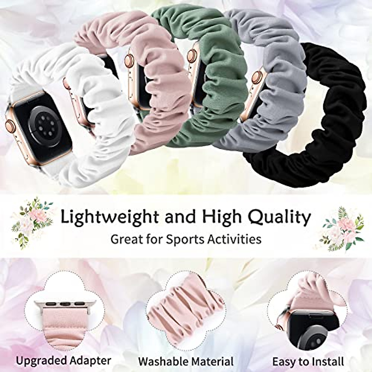 WANLISS 5 Pack Scrunchie Band Compatible for Apple Watch Band 38mm 40mm 41mm 42mm 44mm 45mm,Soft Cute Printed Elastic Cloth Wristband for Women for iWatch Series 8 7 6 5 4 3 2 1 SE