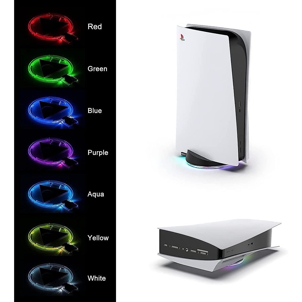 MYLD PS5 LED Console Stand & 5 PCS Vinyl Logo Underlay Sticker, Adjustable RGB Led Light for PS5 Base, Multi-Color LED Light Accessories for Playstation 5 Console (Disc & Digital), USB Powered
