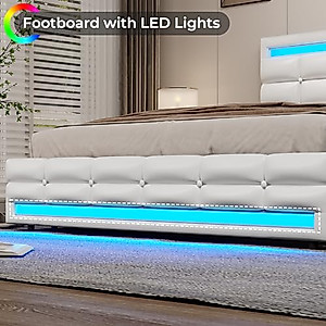 BTHFST Queen LED Bed Frame with Headboard, Faux Leather Platform Bed Frame with 2 USB Charging Station & Storage Drawers, No Squeak, White