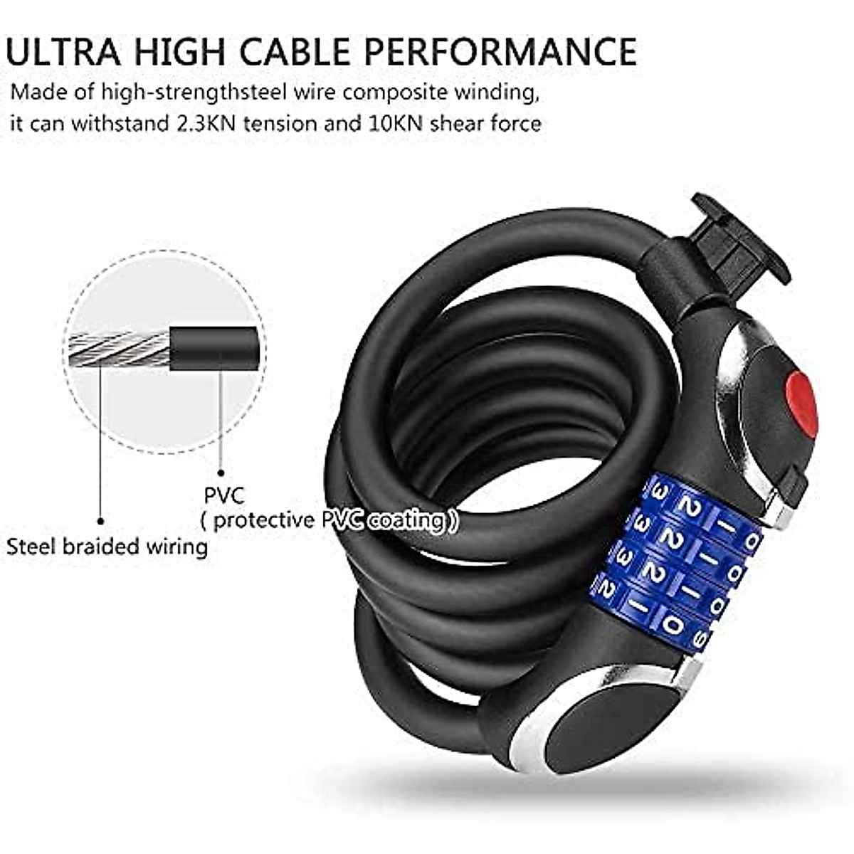 Bicycle Lock, with LED Night Light Lighting, Combination Lock, Mountain Bike Steel Cable Lock, 120cm / 12mm