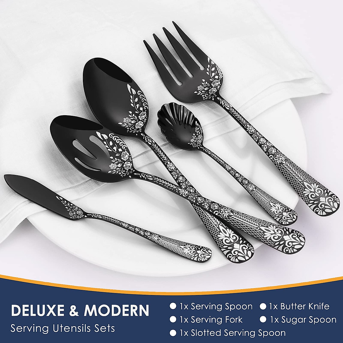 EUIRIO 53-Piece Black Silverware Set with Serving Utensils, Black Flatware Set for 8, Stainless Steel Mirror Cutlery Set, Spoons Forks Knives with Unique Floral Laser, Tableware Set, Dishwasher Safe