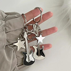 mdgfge Punk Music Guitar Keychain Musical Instrument Star Cute Bass Keyring Electric Guitar Key Rings Key Holder Pendant for Women Men Music Lovers (2 Pcs)