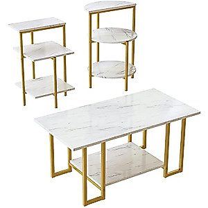 AWQM Faux Marble Coffee Table Set, Coffee Table &2 Side Table, Metal Frame, 3 Piece Living Room Table Sets Perfect for Living Room Apartment, White & Gold
