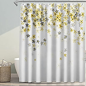 SUMGAR Yellow Flower Shower Curtain Bathroom Fabric Grey Floral Polyester Cloth Farmhouse Boho Rustic Summer Decorative Washable Shower Curtains Set with Hooks 72 x 72 Inch
