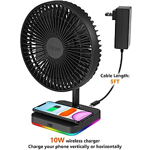 Hiree Table Fan with LED Lights, 2 Speeds Quiet Air Circulator Personal Desk Fan with 10W/7.5W Fast Charger QI Wireless Charging Pad - Suitable for Home, Bedroom, Office, Dorm