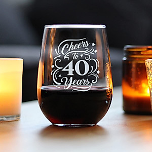 Cheers to 40 Years - Stemless Wine Glass Gifts for Women & Men - 40th Anniversary or Birthday Party Decor - Large Glasses