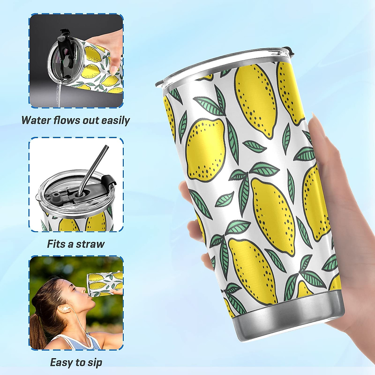 Yasala Tumbler Cute Lemon Pattern Insulated Office Coffee Cup Back to School Beverage Container Travel Mug with Straw and Lid Double Wall Stainless Steel 20oz