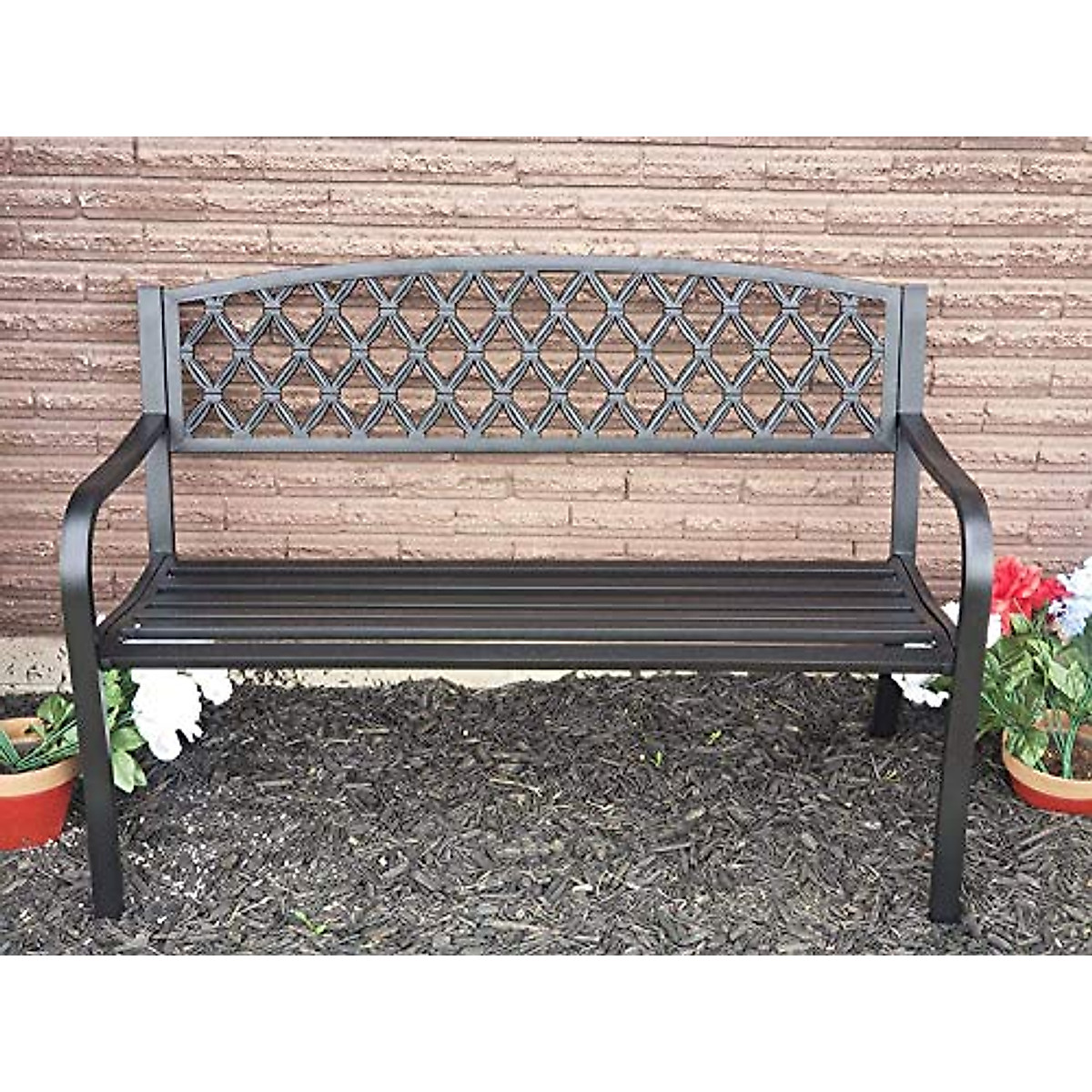 Dkeli Patio Bench Garden Bench Outdoor Bench 50” Metal Porch Chair with Armrests Sturdy Steel Frame Furniture, 480LBS Weight Capacity for Park Yard Patio Deck Lawn, Black