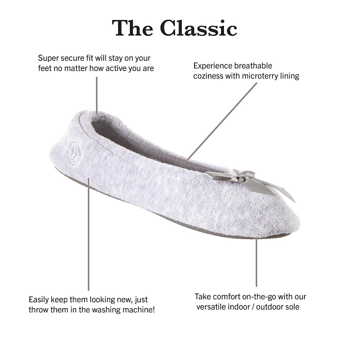 isotoner Women's Terry Ballerina Slipper with Bow for Indoor/Outdoor Comfort, HEATHER GREY, 8-9