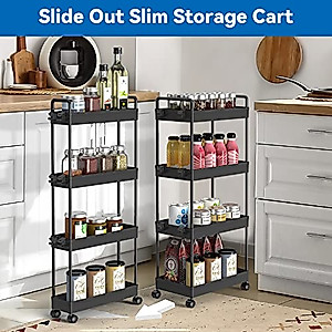 2 Pack 4 Tier Slim Storage Cart, Bathroom Organizer Laundry Room Organization Mobile Shelving Unit Slide Out Utility Rolling Rack with Wheels for Kitchen Garage Office Small Apartment Narrow Space