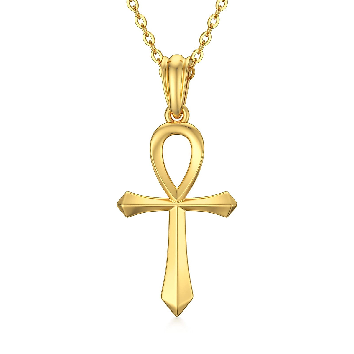 WSX Solid 14k Yellow Gold Egyptian Ankh Cross Pendant Necklace for Women Polished Egypt Jewelry Religious Charm Gift for Her