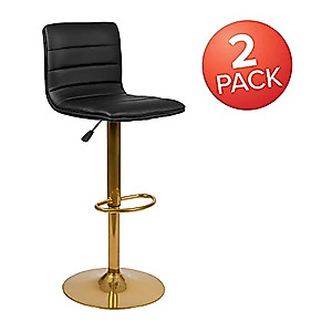 Flash Furniture Vincent Modern Black Vinyl Adjustable Bar Stool with Back, Counter Height Swivel Stool with Gold Pedestal Base, Set of 2