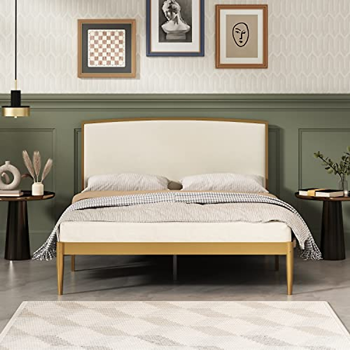 YUHUASHI Platform Metal Bed Frame, Simple Design, Linen-Covered Curved headboard, Metal Frame and Foot, Easy to Assemble and noiseless (Beige & Gold, Queen)