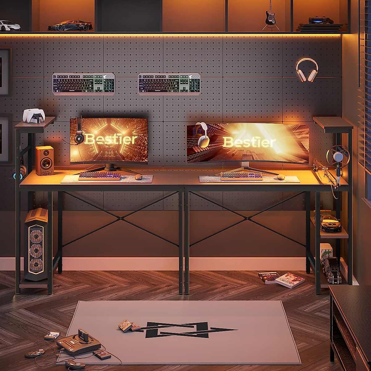 Bestier Gaming Desk with LED Lights, 44 Inch PC Gamer Desk for Small Spaces, Computer Desk with Reversible Storage Shelves & Side Storage Bag (Black Grained)