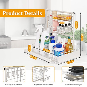 Ozzptuu Under Sink Organizers and Storage, Organizer Kitchen Bathroom Storage with Sliding Drawer 2 Metal Baskets 4 Hooks for Home Kitchen, New White-1 (ASDF1881)